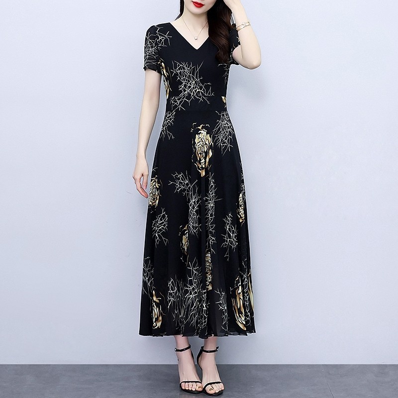 Jual FAN Gaun hitam bermotif sifon V-neck Korea/dres pesta wanita/baju ...