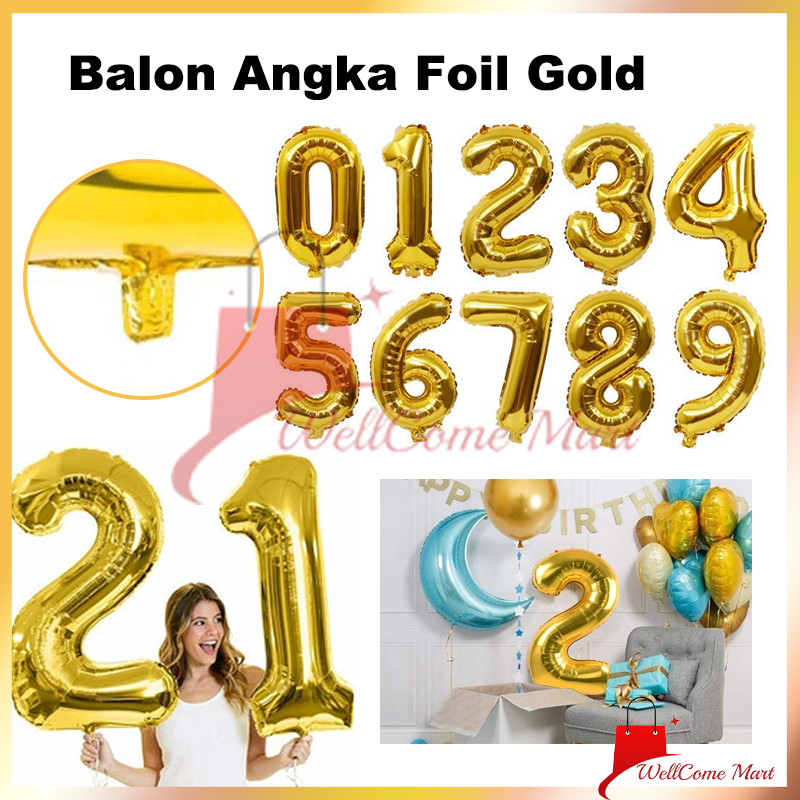 Jual Ballon Number 40 Cm / Balon Foil Angka 0-9 Gold / Balon Foil Angka ...