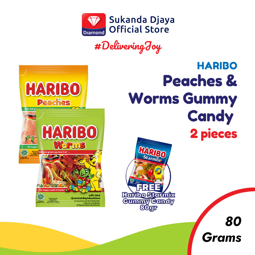 Jual Haribo Peaches Gummy 80 Gr + Worms Gummy 80 Gr [Free Starmix 80 Gr ...