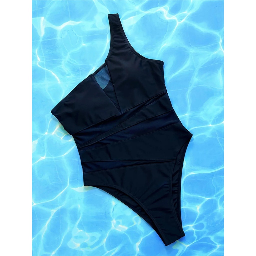 Jual PREORDER One Shoulder Splicing Mesh Sheer Women Swimwear One Piece ...