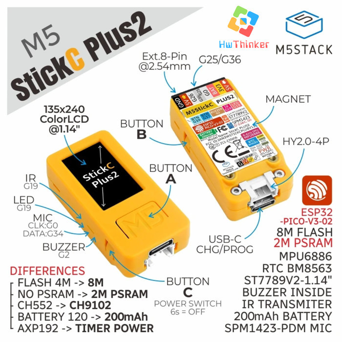 Jual Mh27 M5stack M5stickc Stickc Plus2 Plus 2 Esp32 Esp32 Pico 6 Dof Imu Mpu6886 Mini Iot