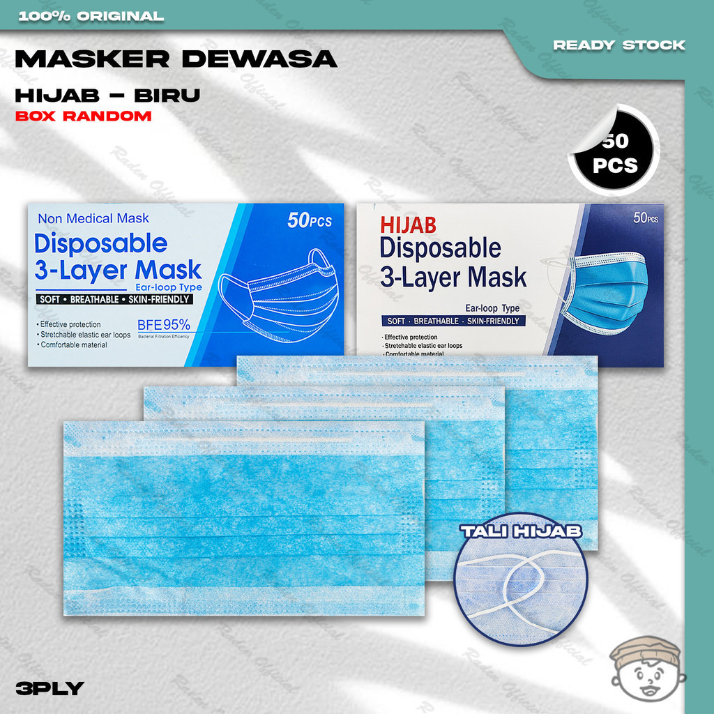 Jual Masker Hijab Medis 3Ply Isi 50Pcs Warna Biru Blue 3 Ply Headloop ...