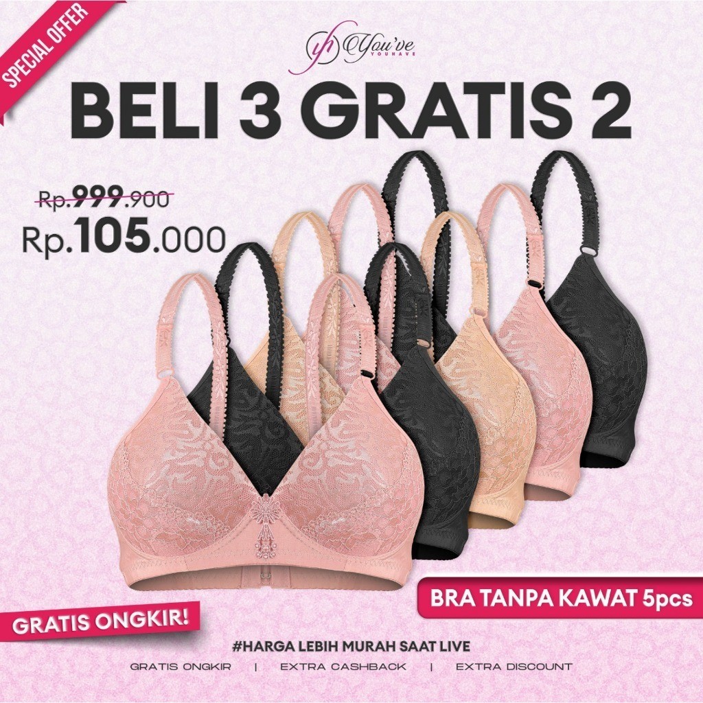 Jual YOUHAVE PAKET BUNDLE HEMAT 3 PCS GRATIS 2 PCS BH WANITA BRA WANITA BUSA TIPIS 100086 ...