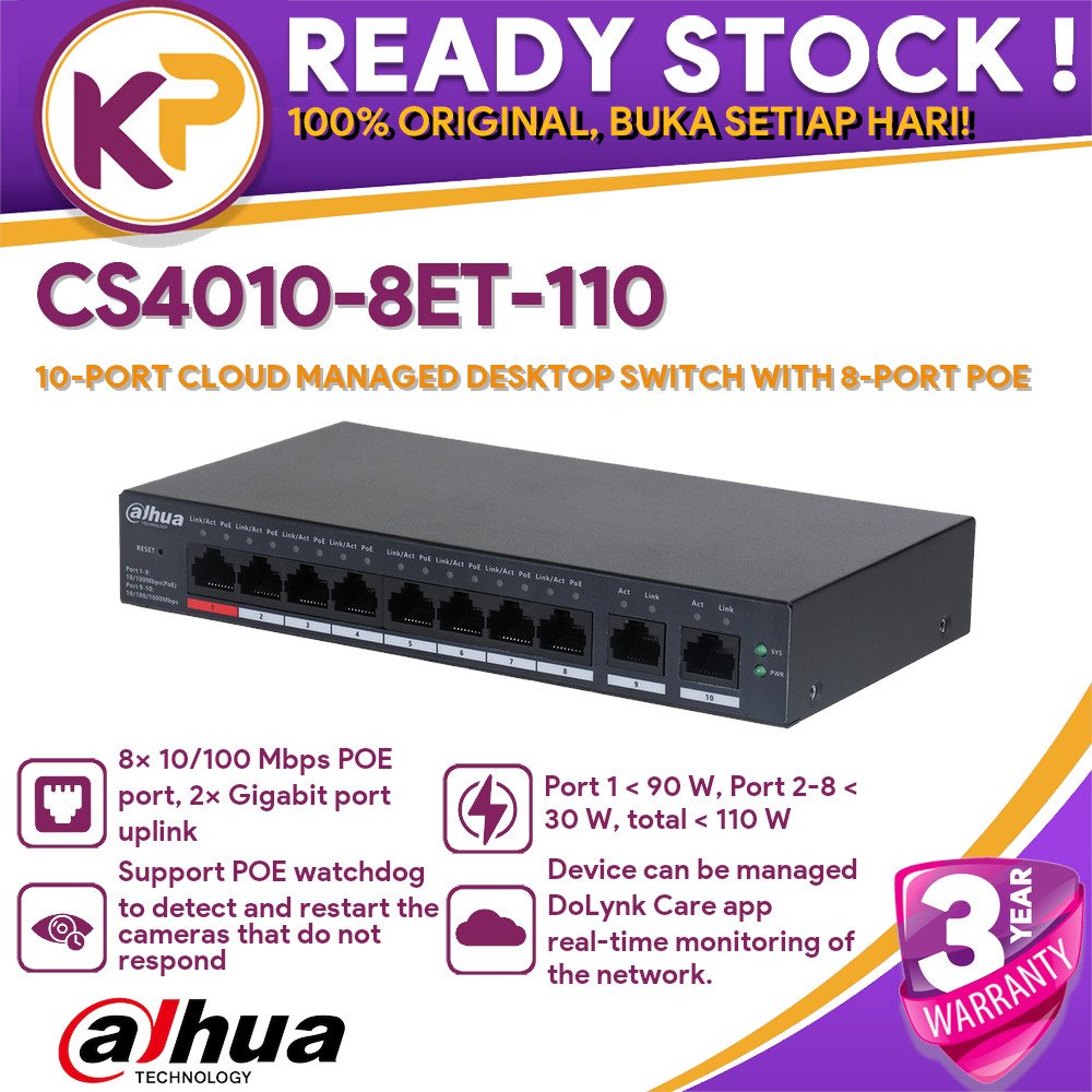 Jual DAHUA CS4010-8ET-110 10PORT CLOUD MANAGED DESKTOP SWITCH 8PORT POE ...