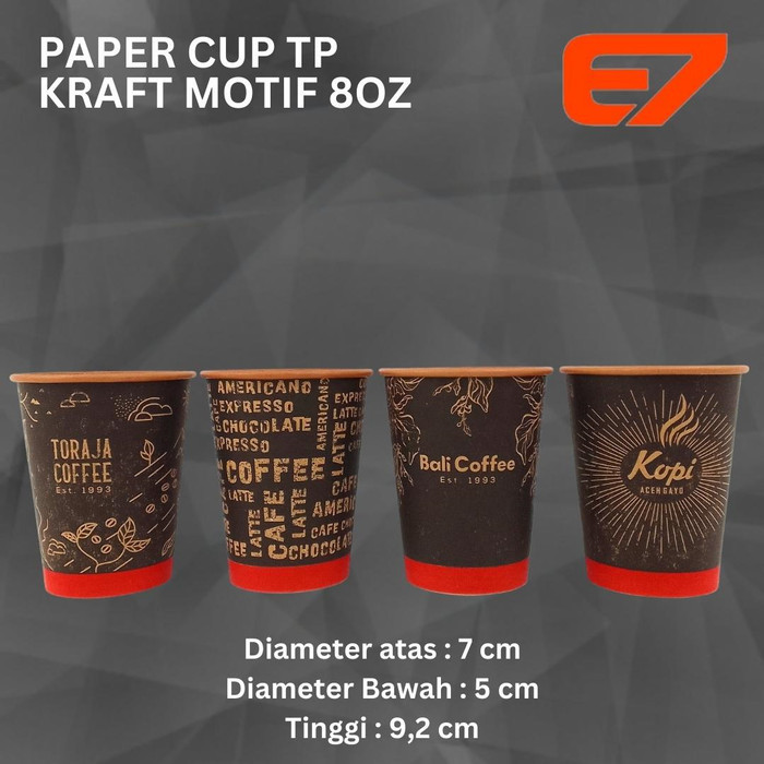 Jual Paper Cup 8oz Kraft Motif Kopi Isi 50pcs Gelas Kertas Coklat