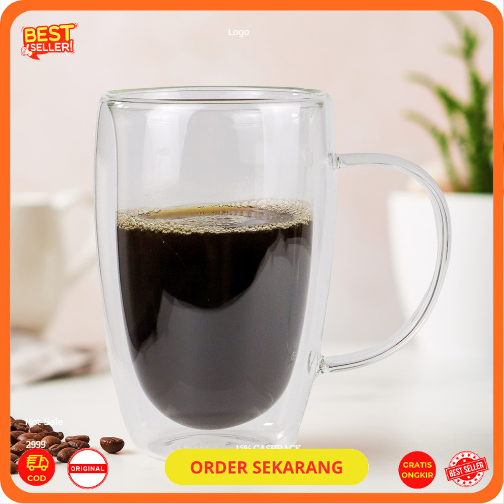 Jual One Two Cups Cangkir Kopi Dua Dinding Anti Panas Double Wall Round with Handle 410 ml ...