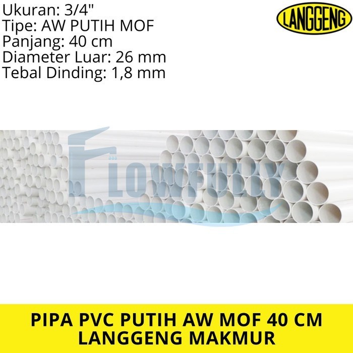Jual PIPA AIR PVC PUTIH AW 3/4 INCH 26 MM ECER 40 CM PARALON LANGGENG ...