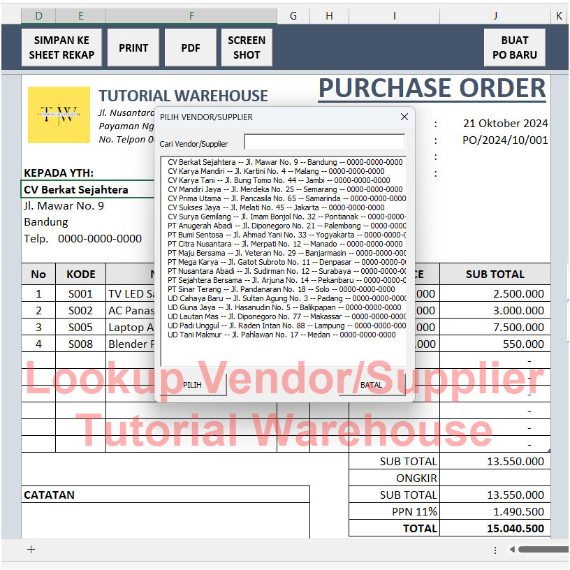 Jual Template Excel Purchase Order Po Otomatis Simpan Ke Arsip Cetak