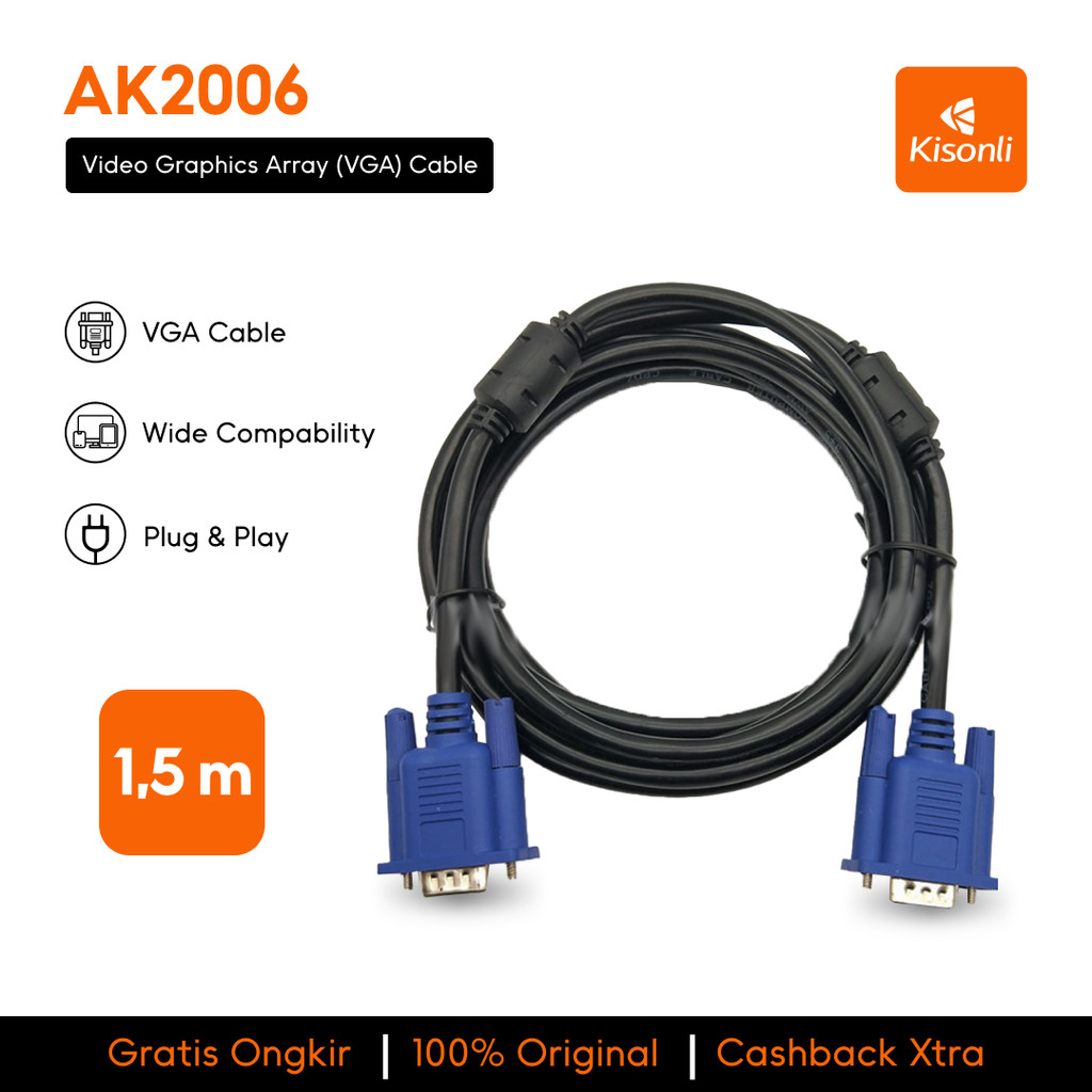 Jual KISONLI Kabel VGA To VGA 1.5meter Cable VGA Male to Male High Quality AK2006 | Shopee Indonesia