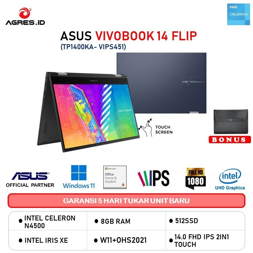 Jual ASUS VIVOBOOK 14 FLIP TP1400KA TOUCH N4500 8GB 512GB W11+OHS 14.0FHD VIPS 2IN1 BLU -VIPS451 ...