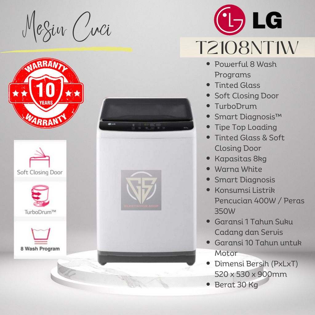 Jual Mesin Cuci 1 Tabung Top Loading 8 Kg LG T2108NT1W | Shopee Indonesia