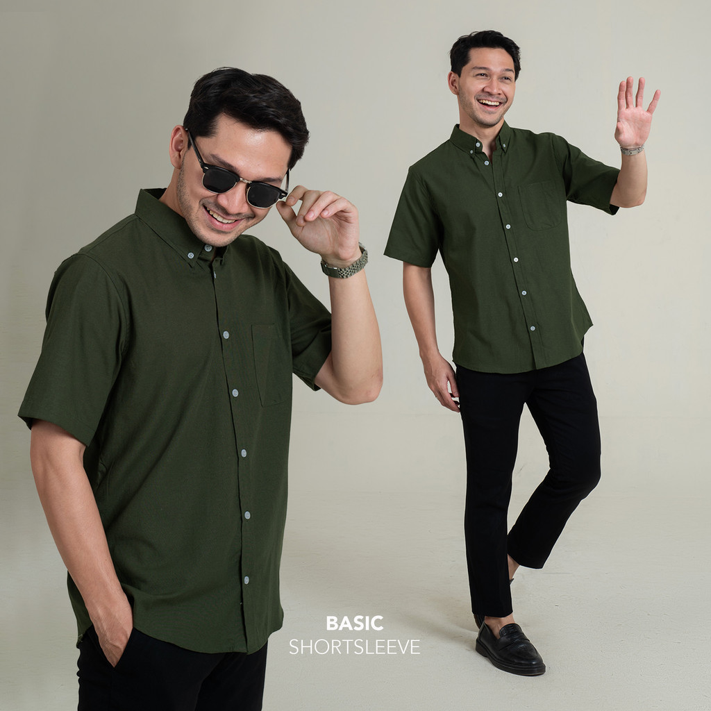 Jual Kemeja Polos Pria WOODCUTTER Basic Shortsleeve - Olive Green Hijau Pendek | Shopee Indonesia