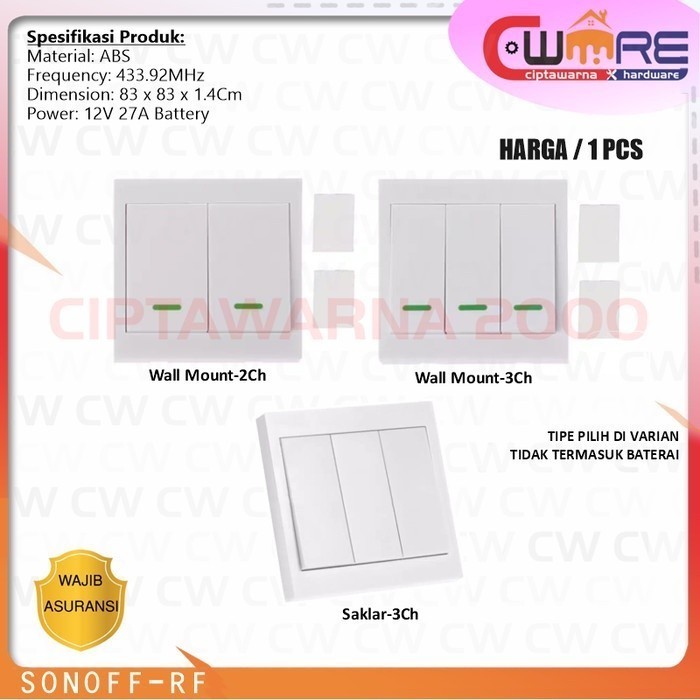 Jual Wall Mount Saklar Remote Control TX 433Mhz Sonoff RF Switch 2Ch ...