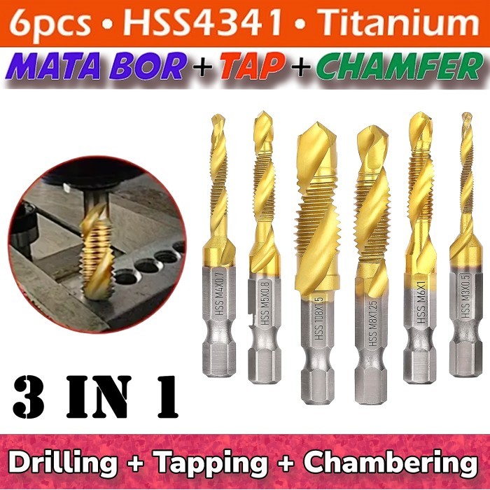 Jual SET 6 PCS Mata Bor Tap Pembuat Ulir Drat Baut Drill Chamfer Hex ...