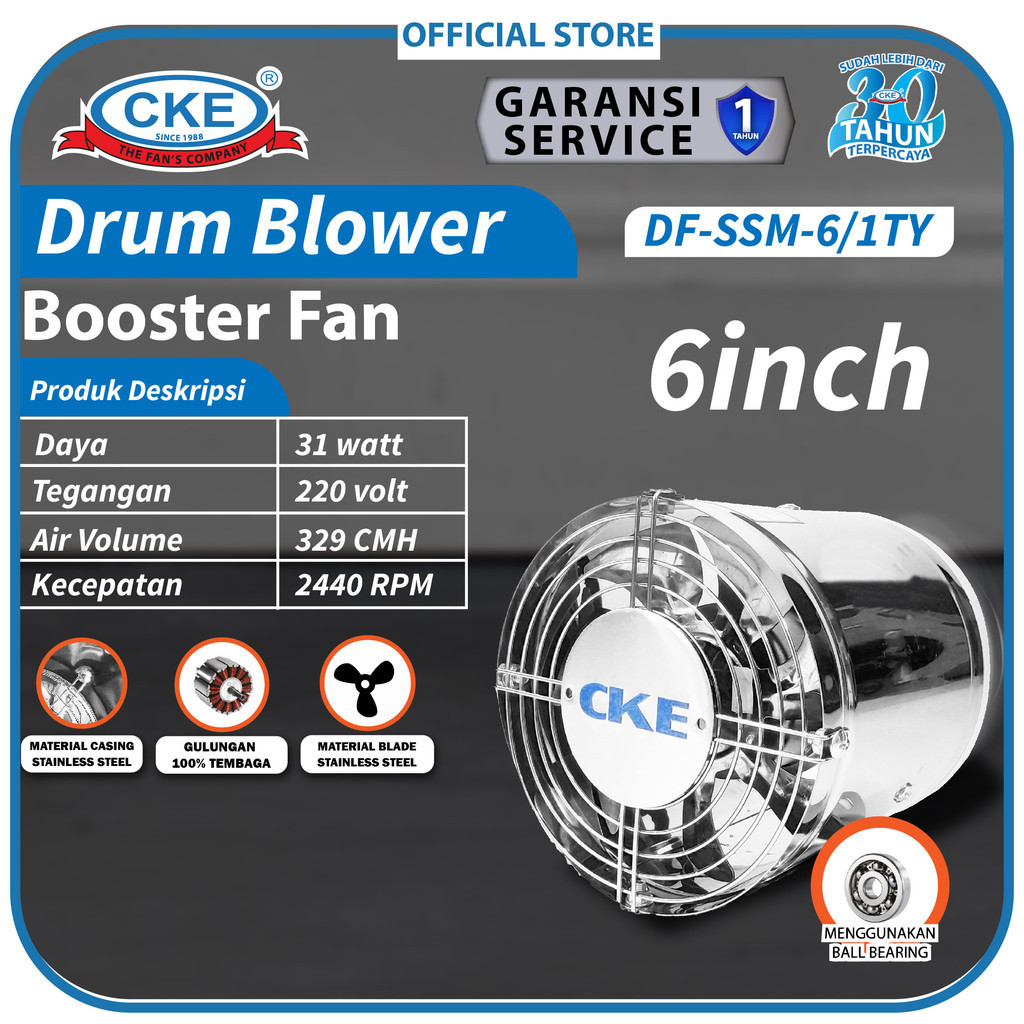 Jual Exhaust Fan 6 Inch Bahan Stainless CKE DF-B-SSM-6/1-TY Mini Inline ...