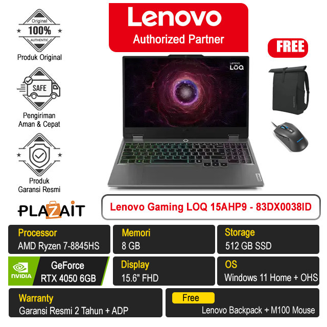 Jual Lenovo Gaming LOQ 15AHP9 38ID /AMD Ryzen 7-8845HS/8GB/512GB SSD ...