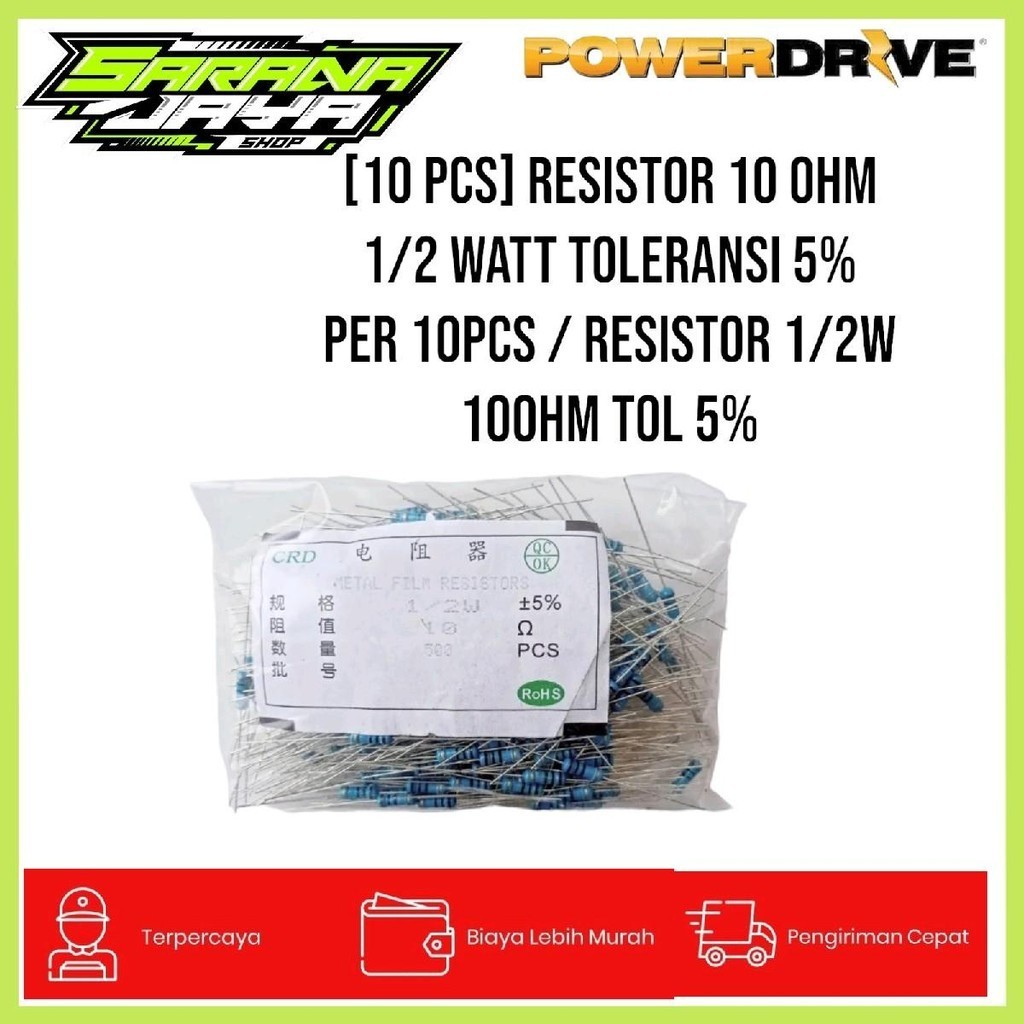 Jual [10 PCS] RESISTOR 10 OHM 1/2 WATT TOLERANSI 5% per 10pcs / Resistor 1/2w 10ohm Tol 5% ...