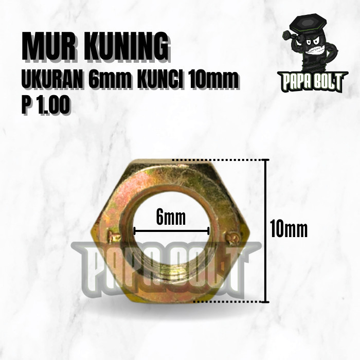 Jual Mur Hexagon Kuning M6 / 6mm Kunci 10 mm P 1.0 / Nut Kuning ...