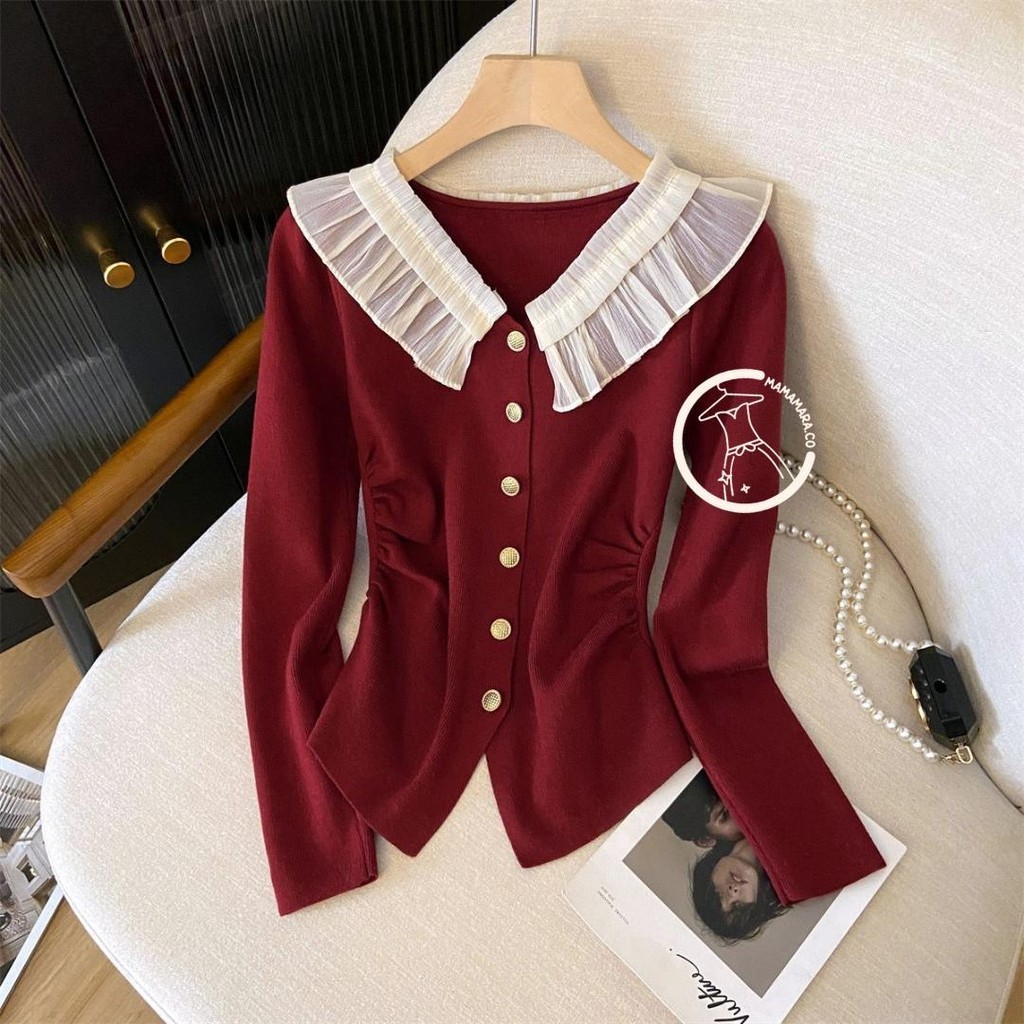 Jual MAMAMARA - Atasan Rajut Blouse Wanita Knitwear Kerah Renda Manis ...