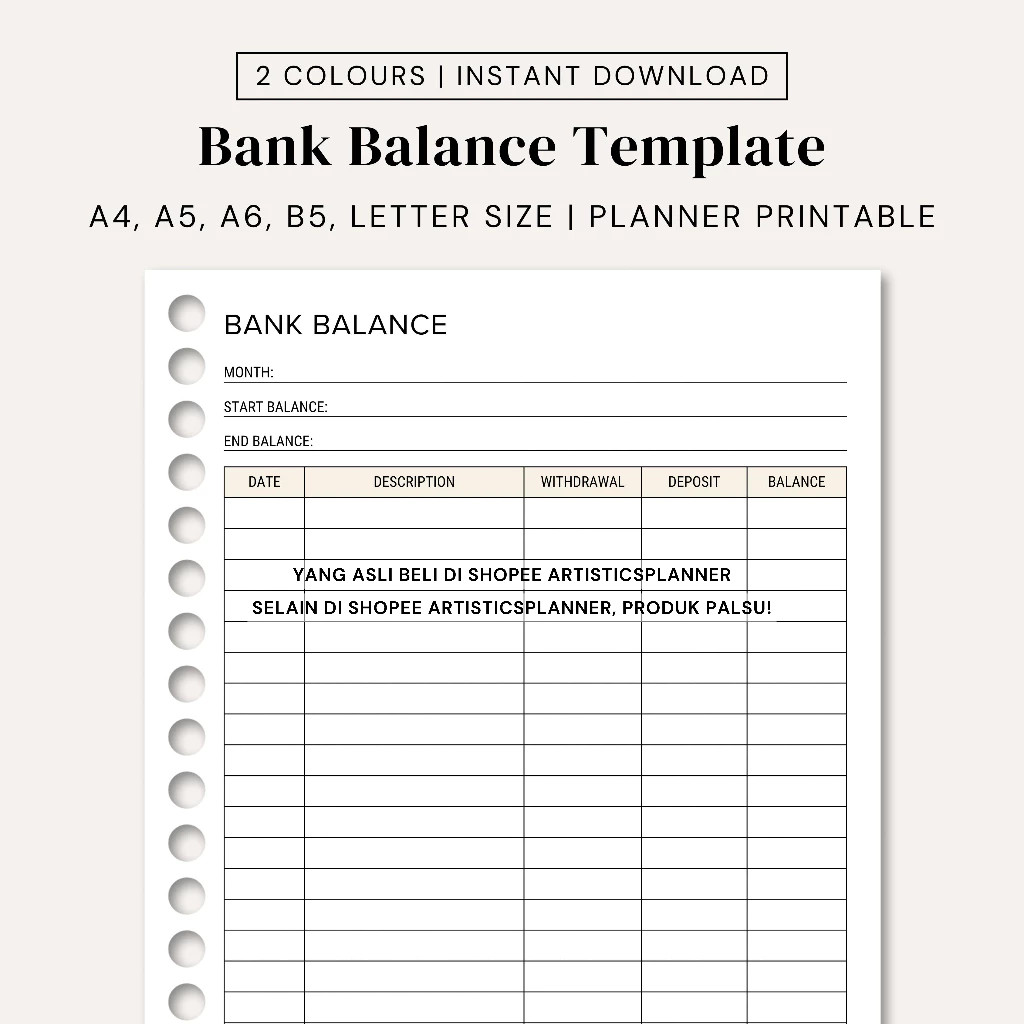 Jual Bank Balance Template Planner Printable | Planner Binder Kertas ...