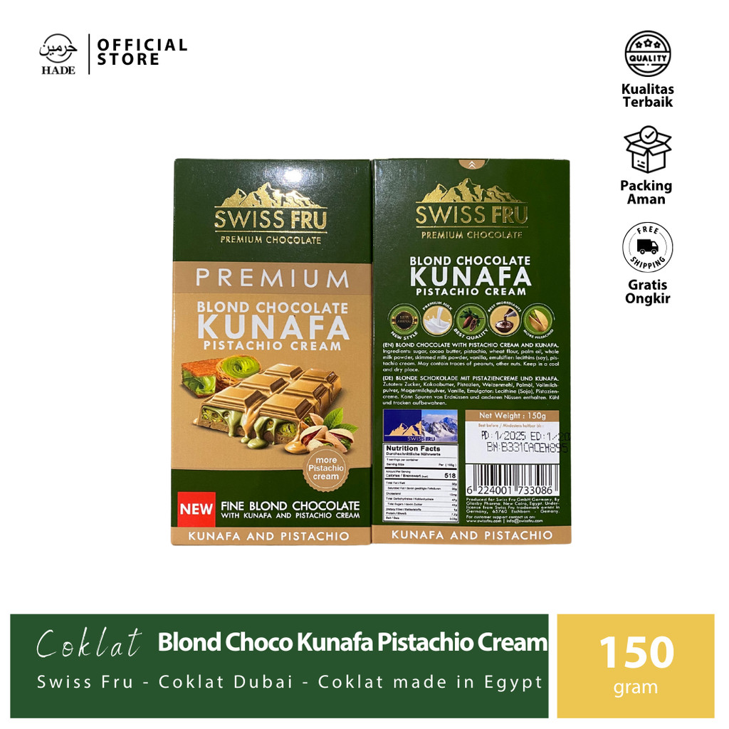 Jual Coklat Dubai - Swiss Fru Chocolate - Blond Chocolate Kunafa Pistachio Cream | Shopee Indonesia