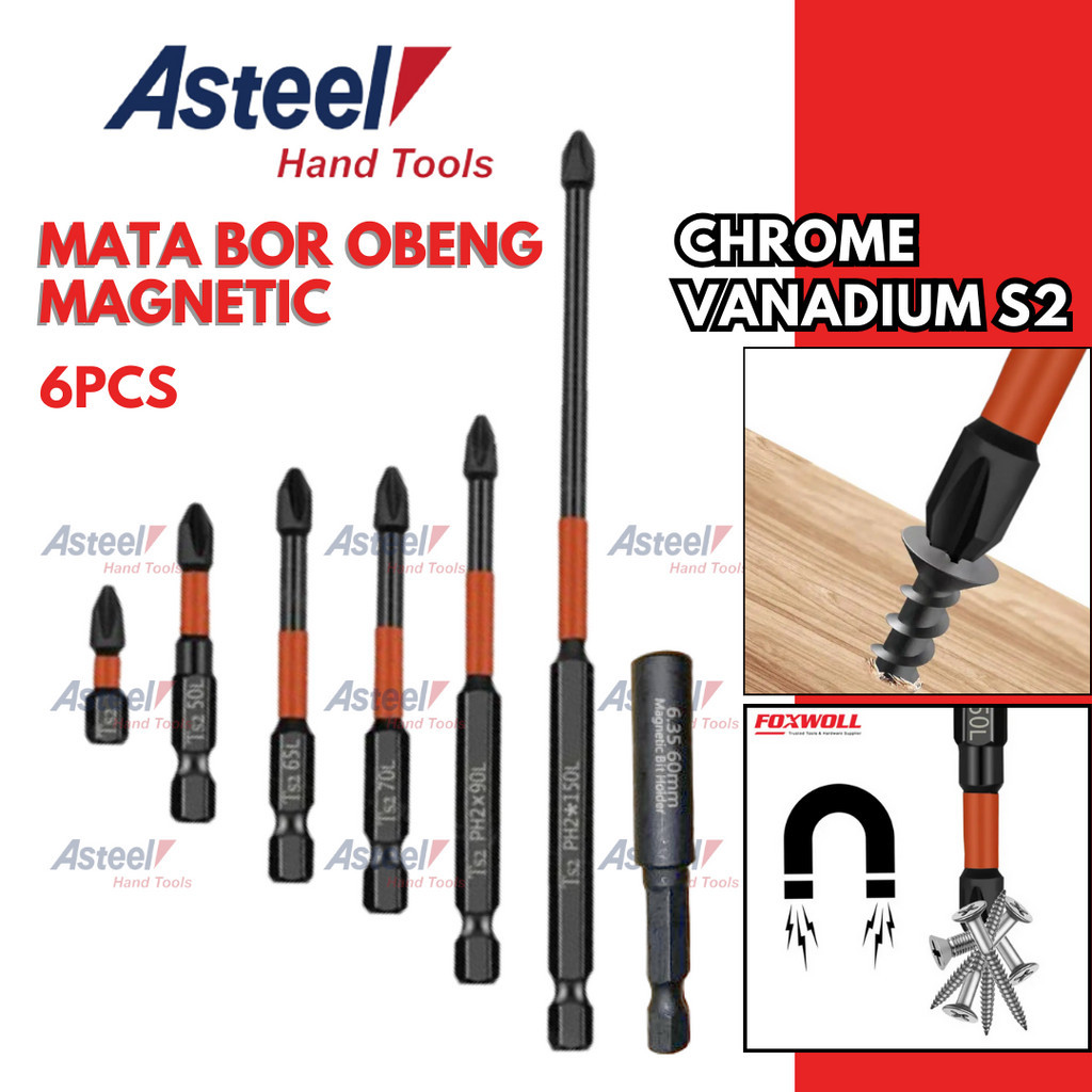 Jual ASTEEL Mata bor obeng set 6pcs magnet magnetic screwdriver bit set ...