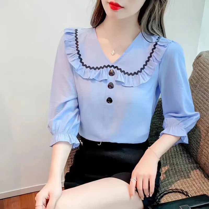 Jual FAN Kemeja Wanita Kerah Boneka Gaya Korea Baru Lengan Tiga ...