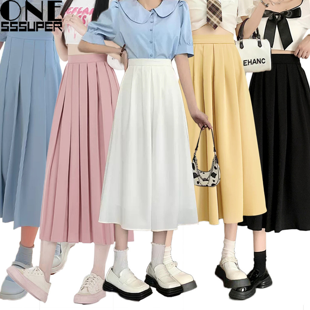 Jual S-2XL Rok panjang lipit pinggang tinggi wanita Rok lipit A-line ...