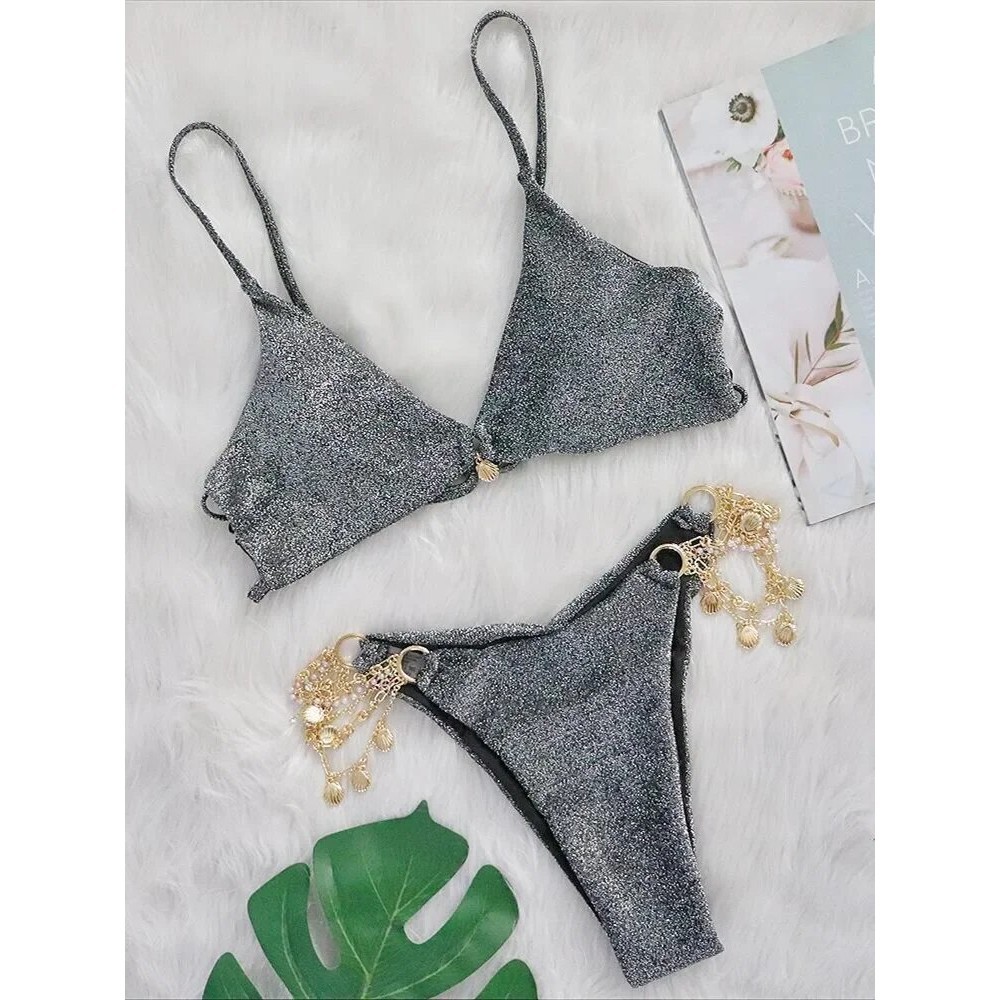 Jual PREORDER Shiny Gray Bikini Set Women 2024 Luxury Cut Out ...
