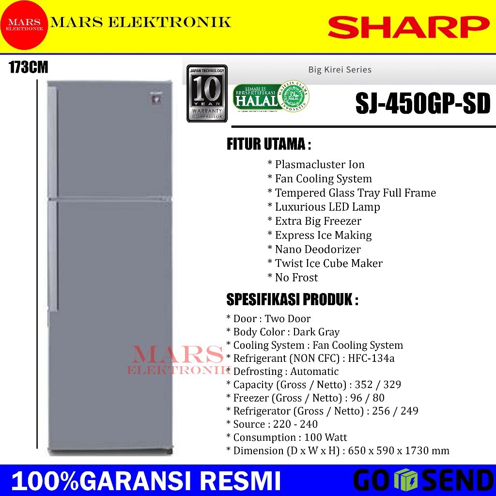 Jual KULKAS SHARP SJ-450GP - 2 PINTU JUMBO - SJ-450GP - KAPASITAS 249 ...