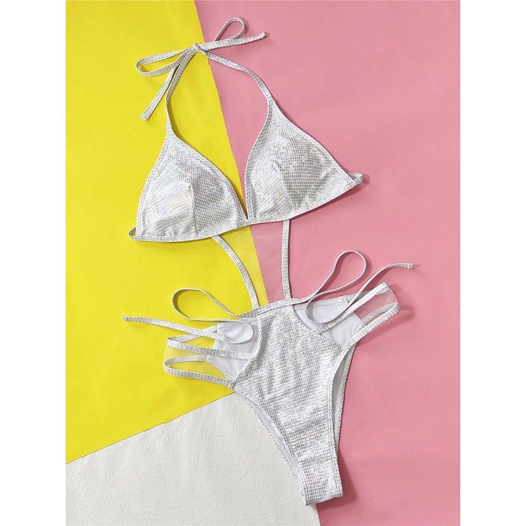 Jual PREORDER Halter Splicing Mesh Sheer Cut Out Women Swimwear One ...