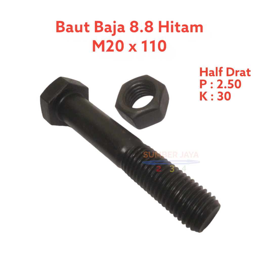 Jual M20X110 Baut Baja 8.8 Hitam / Baut Mur Baja 20 x 110 mm Drat Setengah | Shopee Indonesia