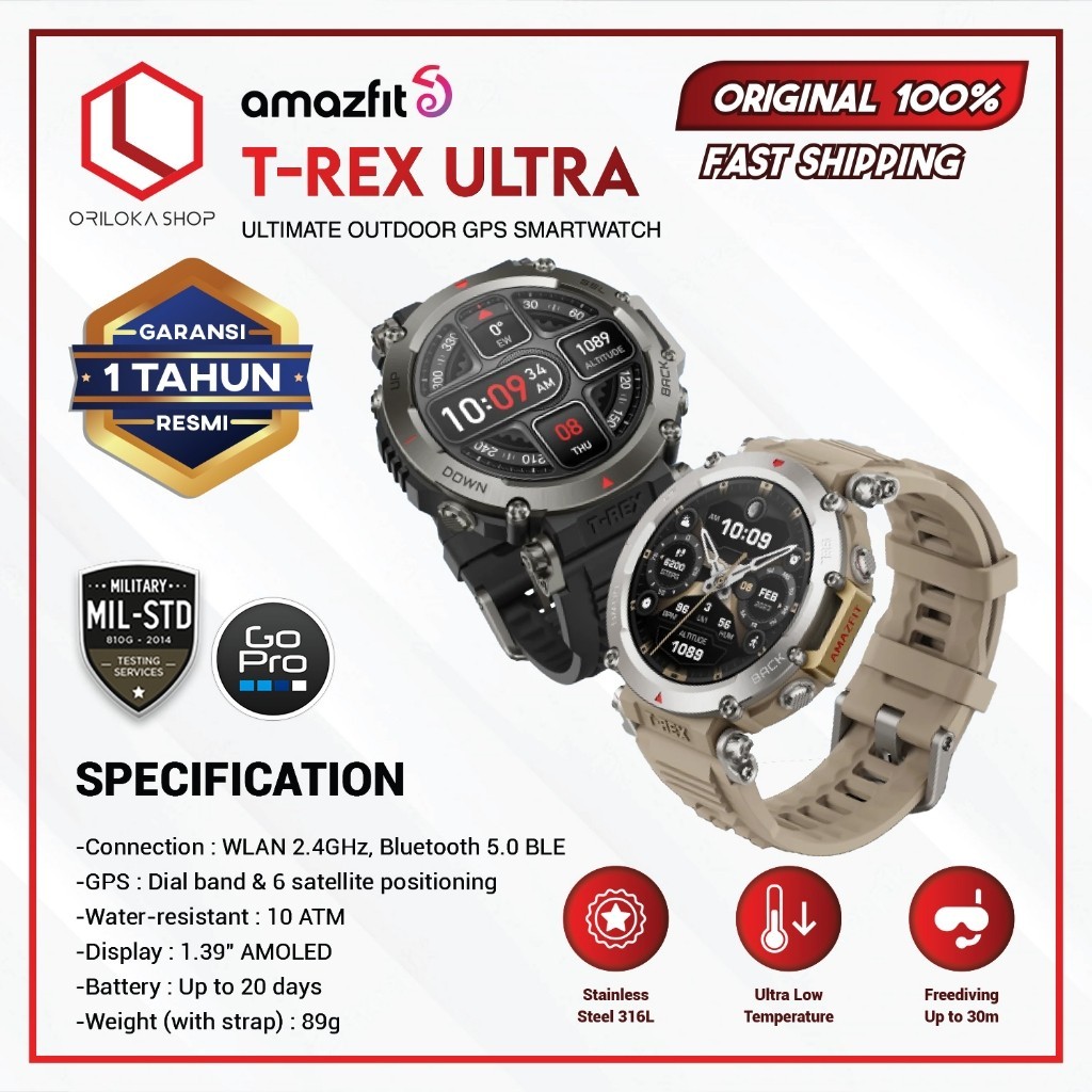 Jual Amazfit T-Rex Ultra Rugged GPS Smartwatch Amoled 10ATM Military-Grade | Shopee Indonesia