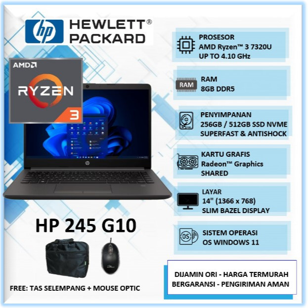 Jual Laptop Slim HP 245 G10 Ryzen 3 7320U Ram 8GB SSD 256GB SSD 14 ...