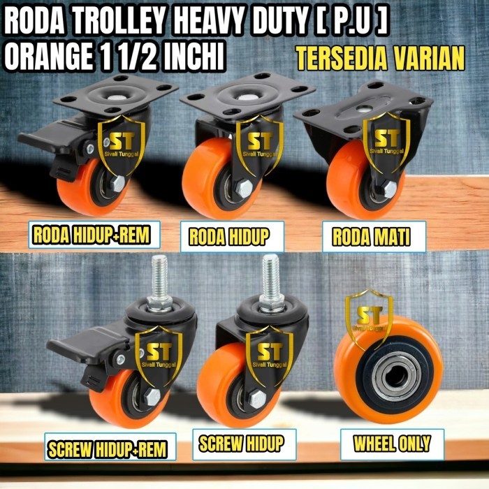 Jual RODA TROLI 11/2 INCH HEAVY DUTY ORANGE PU PVC + BEARING - RODA ...