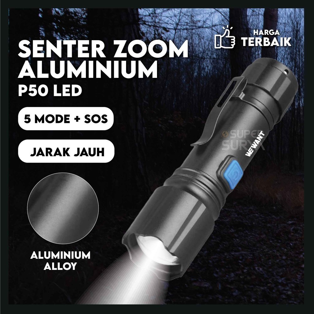 Jual Senter Zoom Aluminium P50 LED Klip Type-C 5 Mode Cahaya Terang SOS ...
