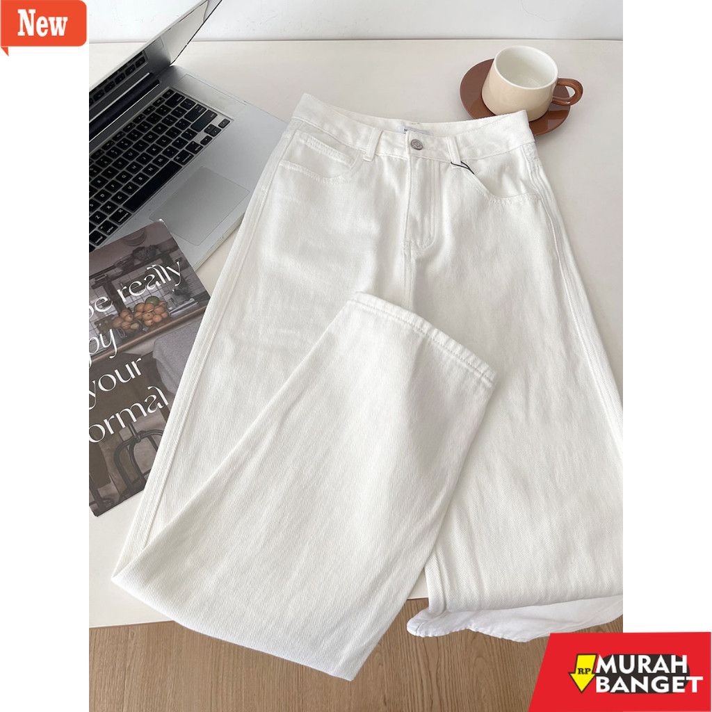 Jual Celana panjang denim wanita- Jeans Kulot Putih HW Loose Kasual ...