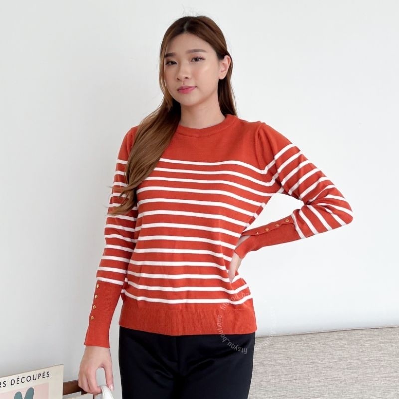 Jual NARA KNIT TOP atasan rajut katun halus adem tangan panjang stripe hijab friendly sweater ...