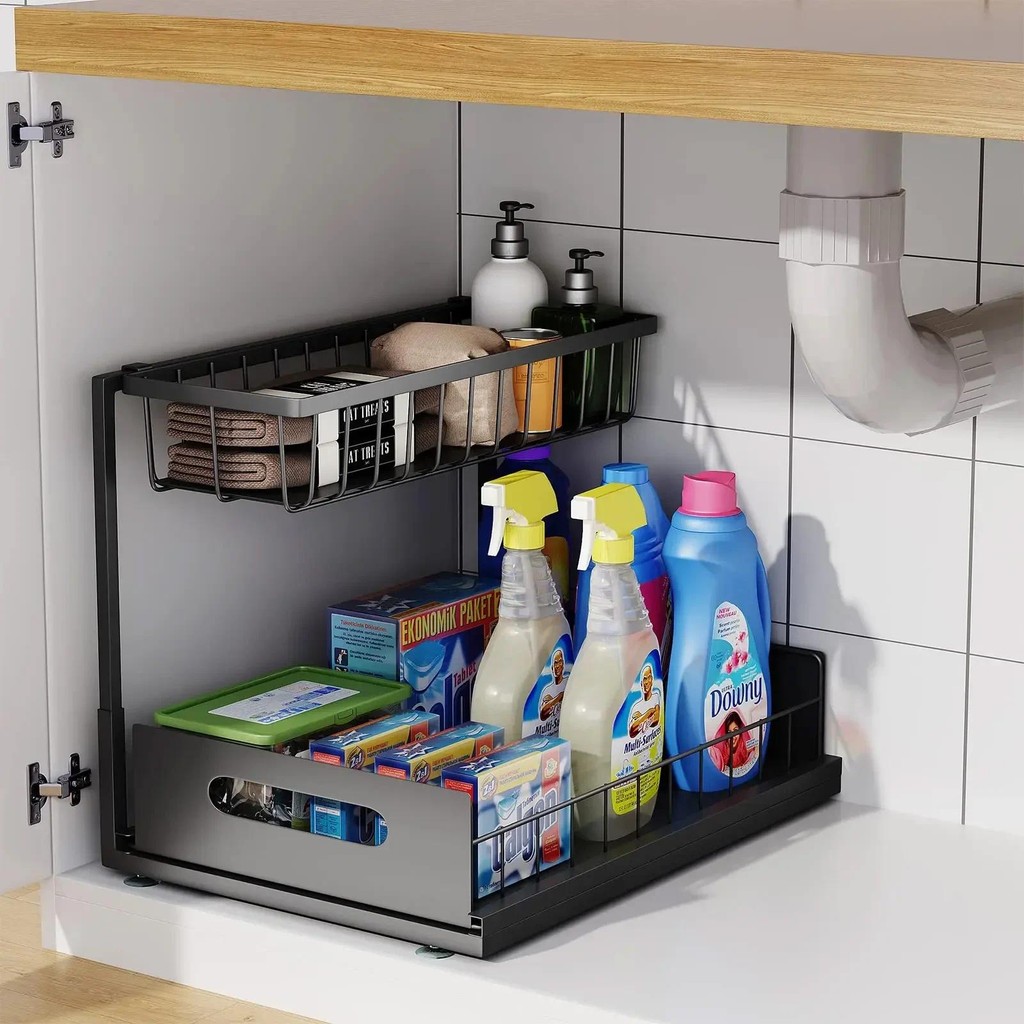 Jual Under Sink 2 Tier Sliding Cabinet Basket Organizer Drawer Pull Out ...