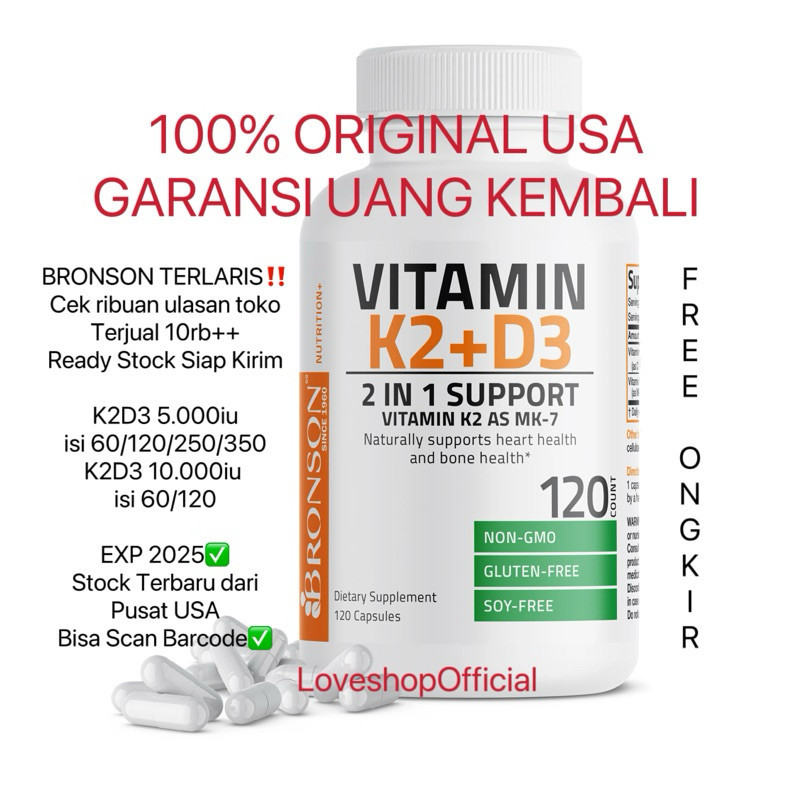 Jual Bronson Vitamin K2 D3 (Vitamin K2 as MK-7) 5000IU 90 Mcg for Heart Bones Immunity and Extra ...