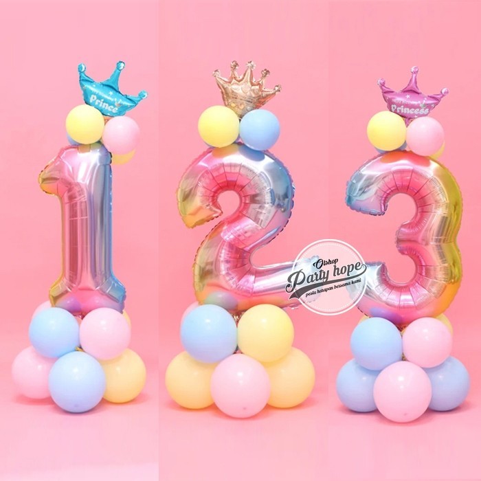 Jual Balon standing angka rainbow 80 cm / standing balon angka mahkota ...