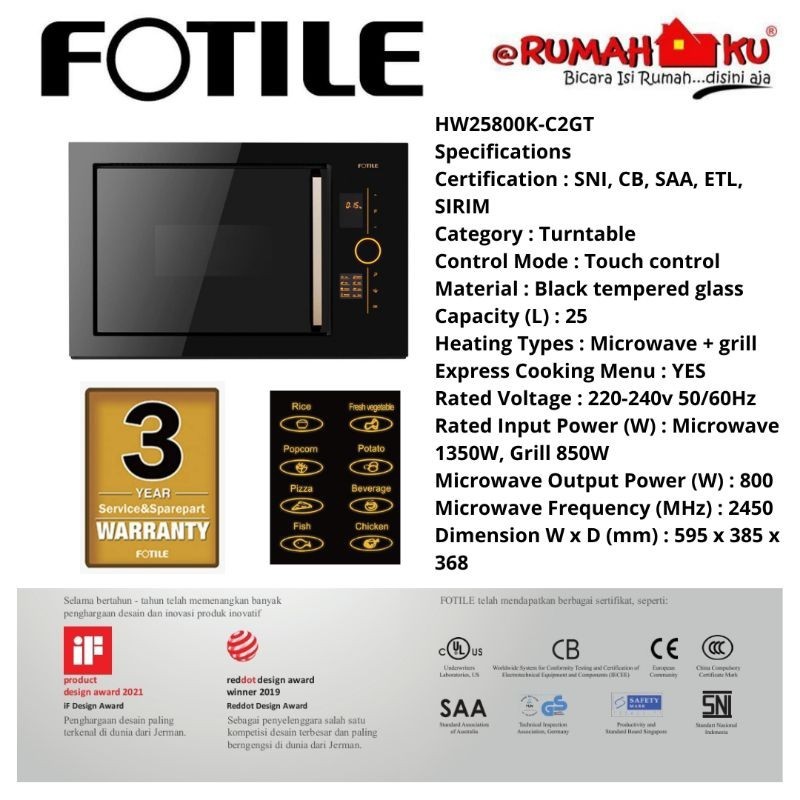 Jual MICROWAVE OVEN FOTILE HW25800K-C2GT BUILT IN 25 LITER MICROWAVE ...