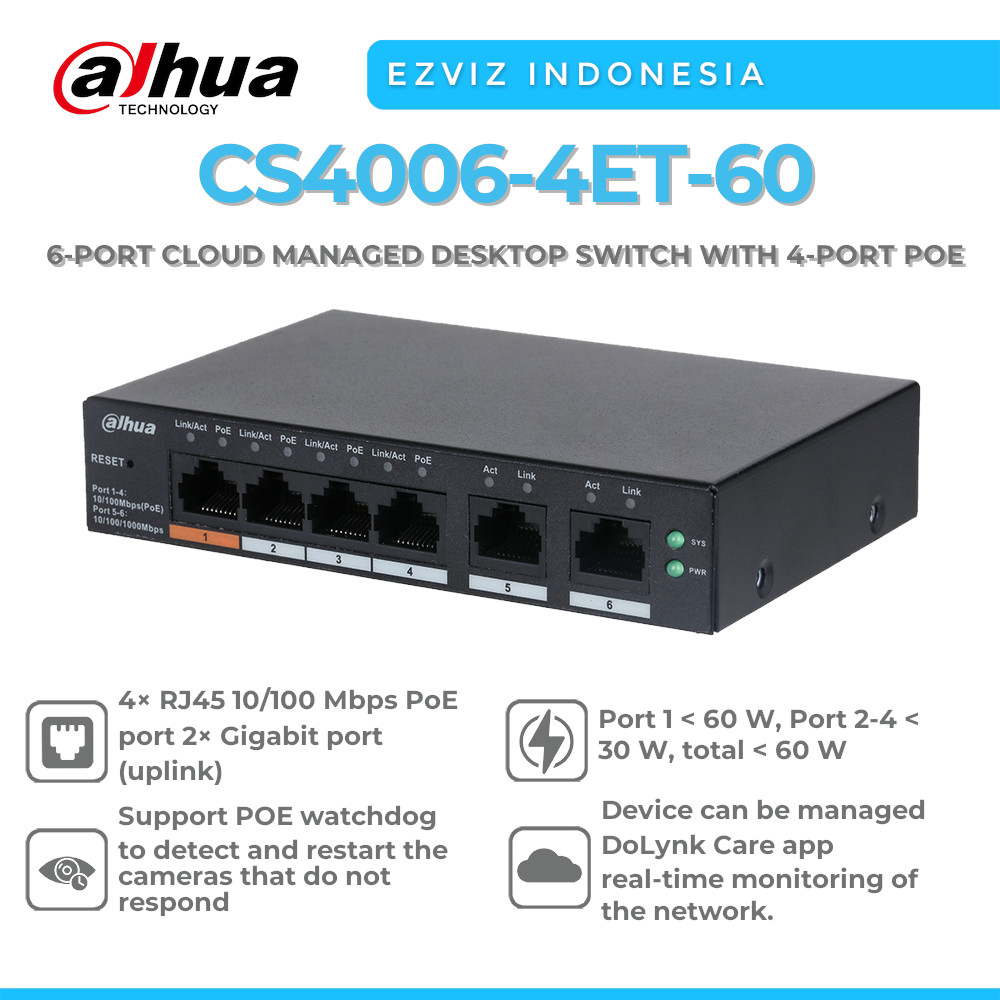 Jual DAHUA CS4006-4ET-60 6PORT CLOUD MANAGED DESKTOP SWITCH 4PORT POE ...