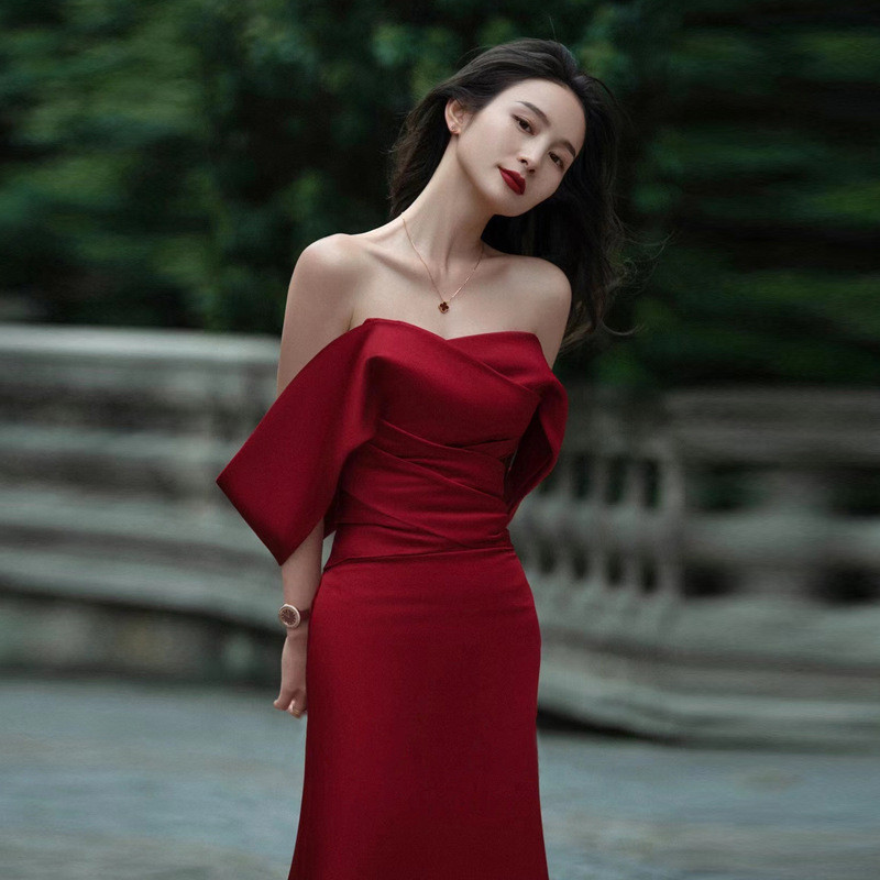 Jual FW24-27108 Gaun Pesta Wanita. Women's Drape Off Shoulder Elegant ...