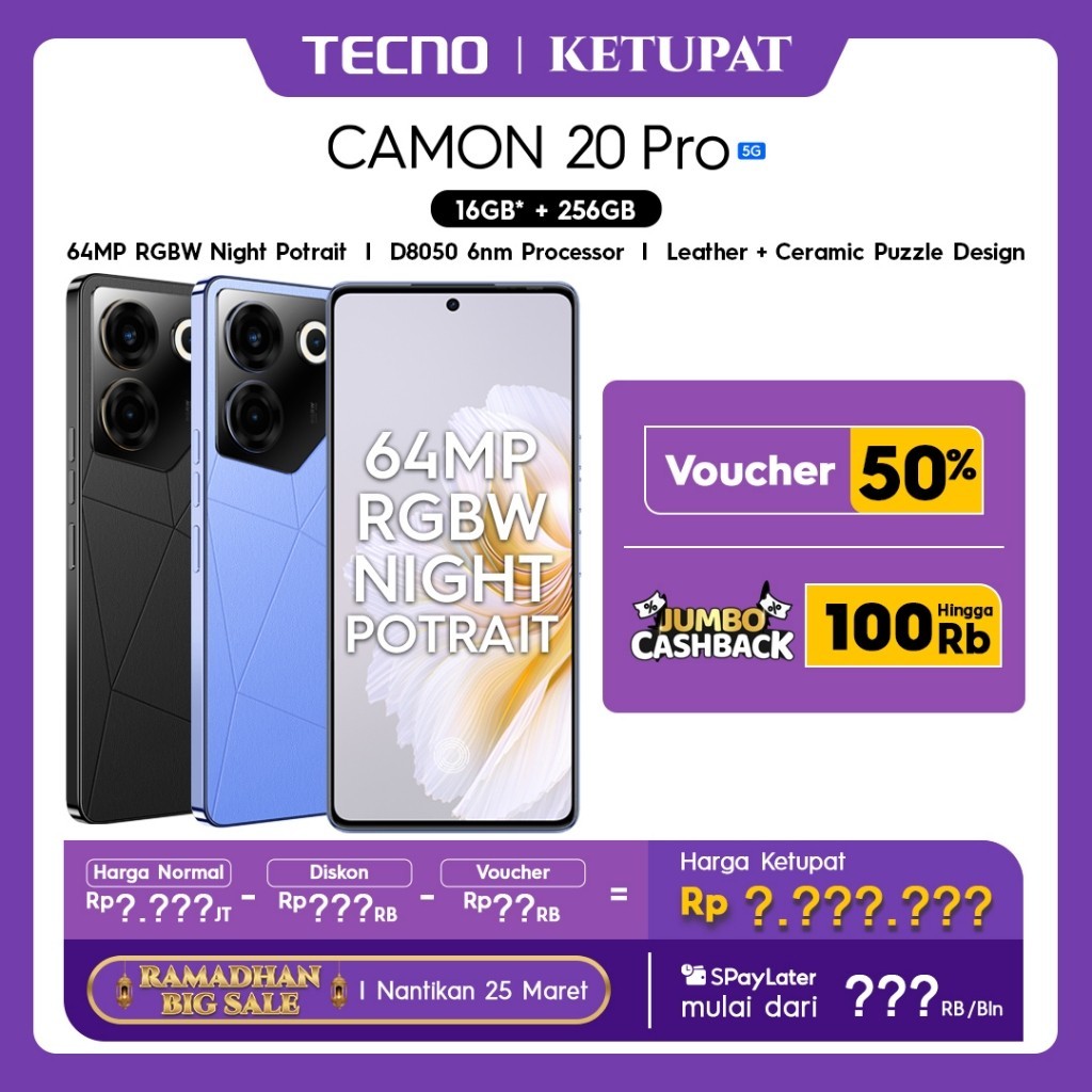 Jual iA Ponsel TECNO CAMON 20 Pro 5G – 64MP+RGBW, 32MP AI Shining ...