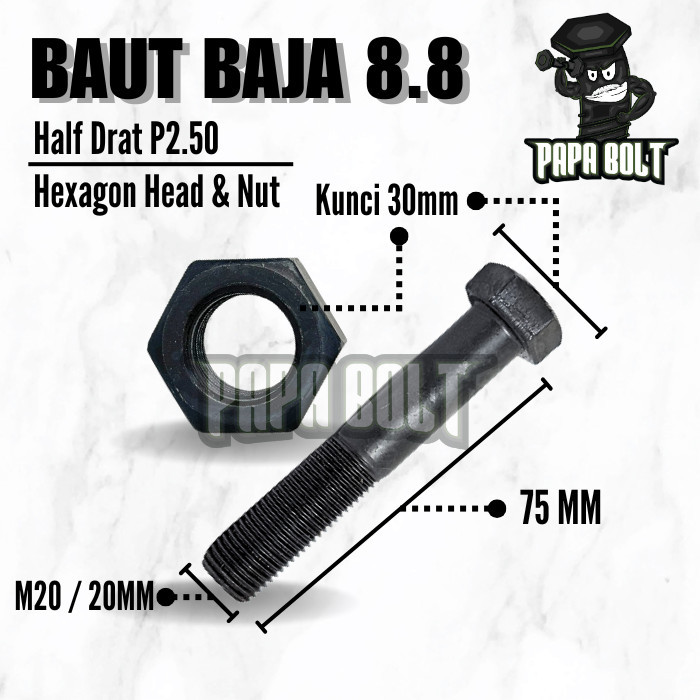 Jual Baut Mur Baja 8.8 M20x75 Half Drat Kasar P2.50 HTB 20x75 Kunci 30 | Shopee Indonesia