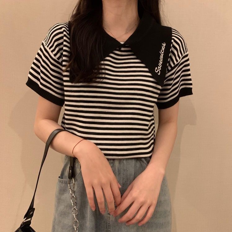 Jual KT39 - Atasan rajut wanita Knit top Knitwear Crop top rajut model Kerah Sailor Garis Garis ...