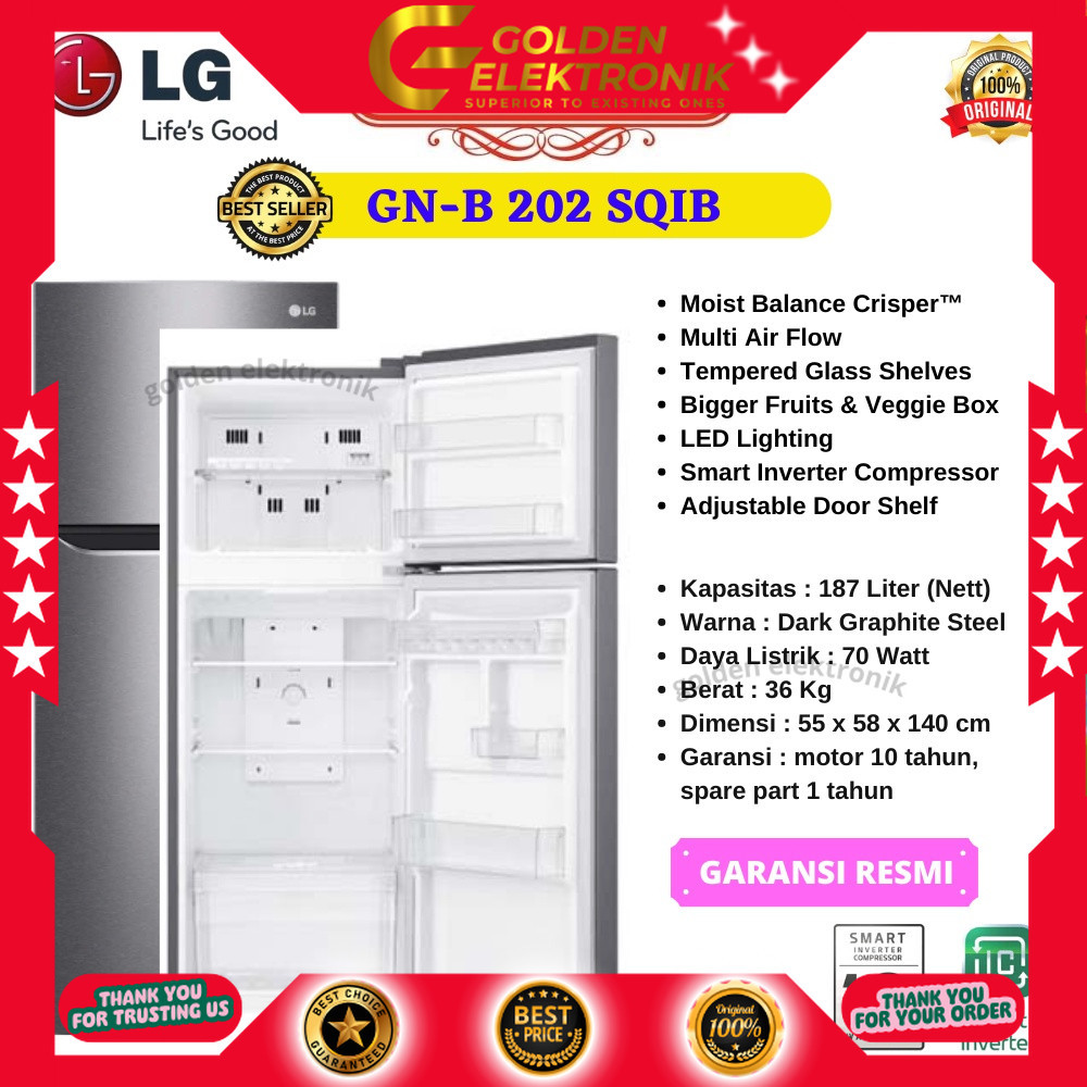 Jual Kulkas LG 2 Pintu GN-B202SQIB GN-B 202SQIB 202 SQIB 187 L Smart ...