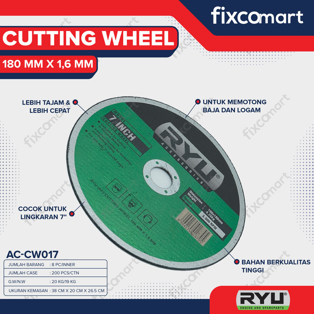 Jual RYU CUTTING WHEEL 180 MM X 1,6 MM - Mata Batu Potong Besi | Shopee ...
