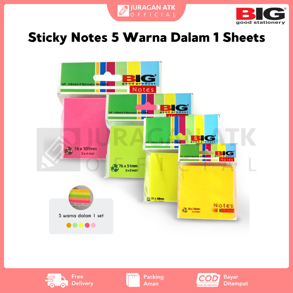 Jual Sticky Notes Warna BIG/ Note Kertas BIG 5 Warna Dalam 1 Sheets ...